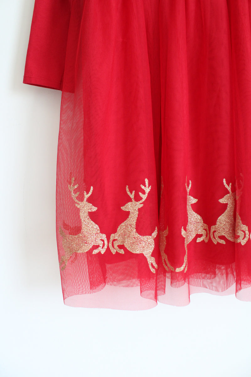 Wonder Nation Red Gold Shimmer Reindeer Tulle Long Sleeved Dress | You ...