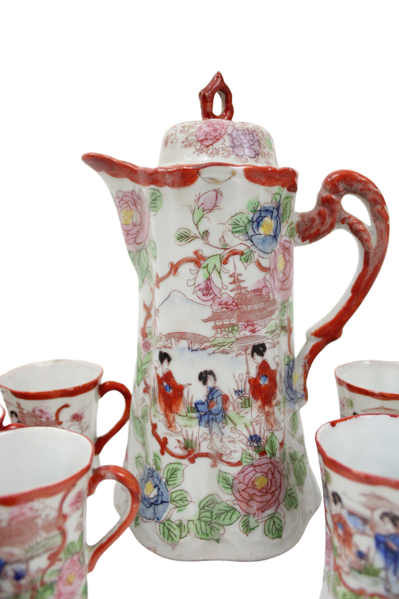 Vintage Red Painted Japanese Tea Cocoa Pot Set | Set Of 16 – Jubilee Thrift